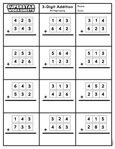 3-Digit Addition Worksheets - Superstar Worksheets