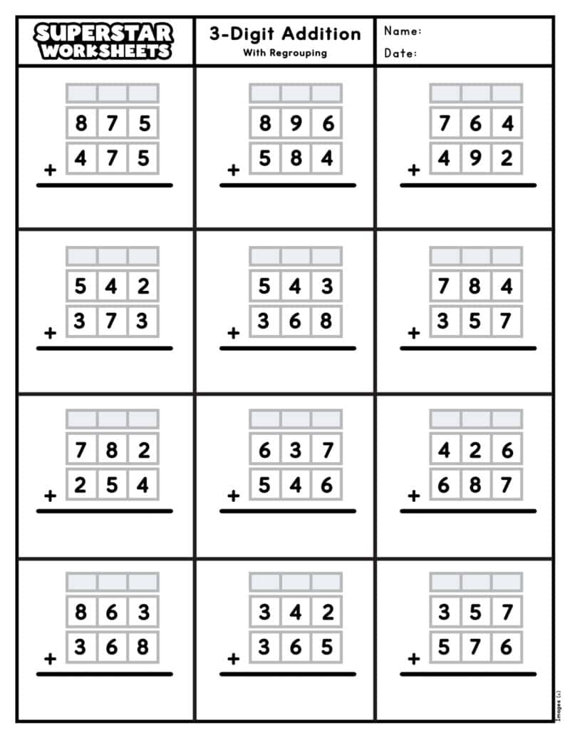 3-Digit Addition Worksheets - Superstar Worksheets