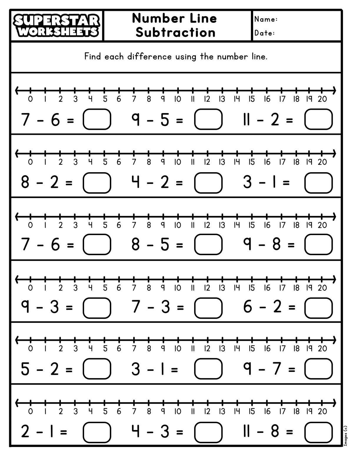 Number Line Subtraction Worksheets