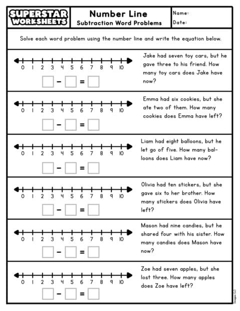 Number Line Subtraction - Superstar Worksheets