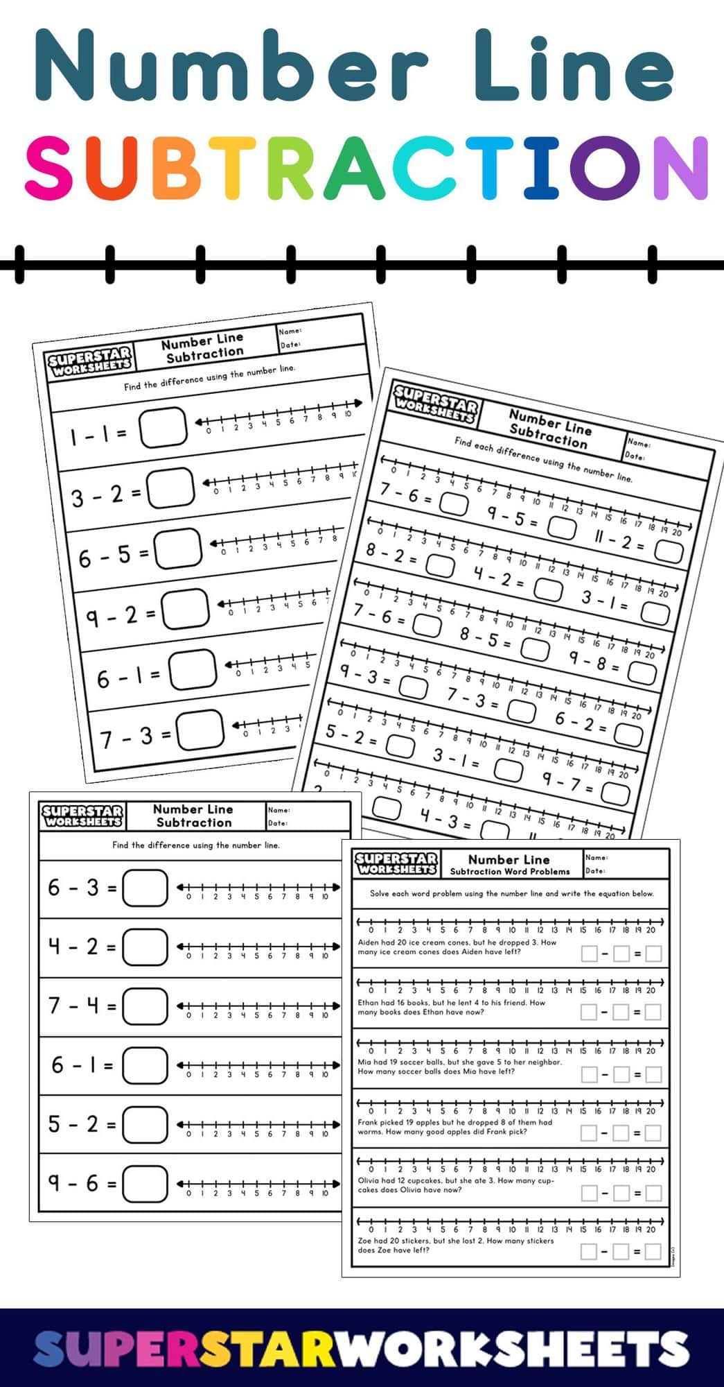 Number Line Subtraction - Superstar Worksheets