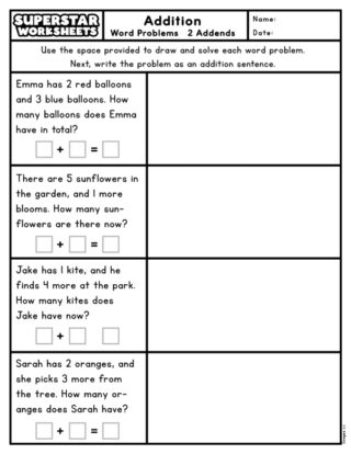 Addition Word Problems - Superstar Worksheets