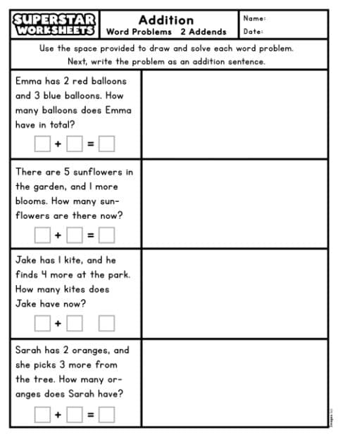 Addition Word Problems - Superstar Worksheets