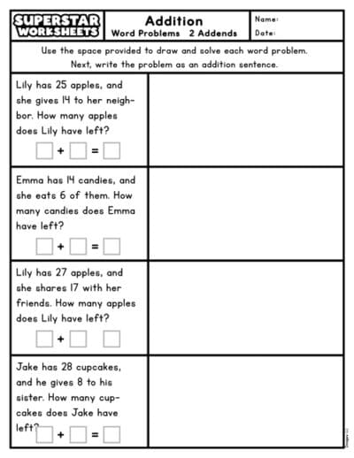 Addition Word Problems - Superstar Worksheets