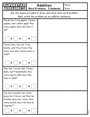 Addition Word Problems - Superstar Worksheets