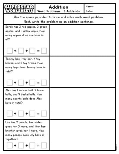 Addition Word Problems - Superstar Worksheets