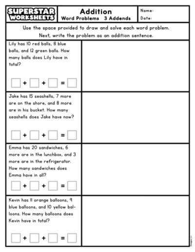 Addition Word Problems - Superstar Worksheets