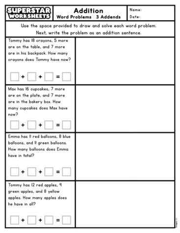 Addition Word Problems - Superstar Worksheets
