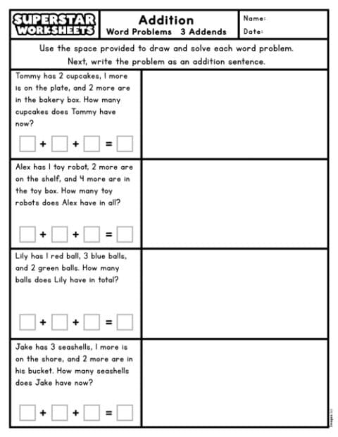 Addition Word Problems - Superstar Worksheets