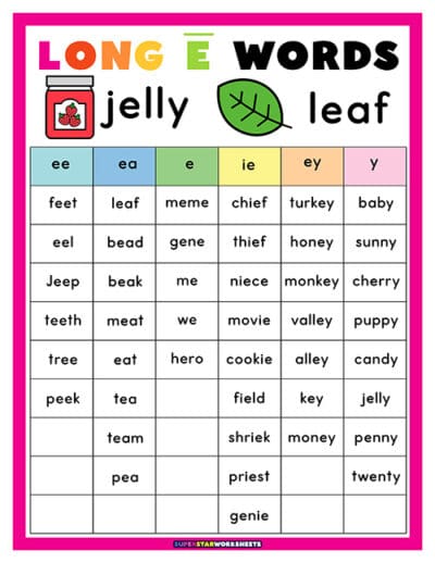 Long E Words - Superstar Worksheets