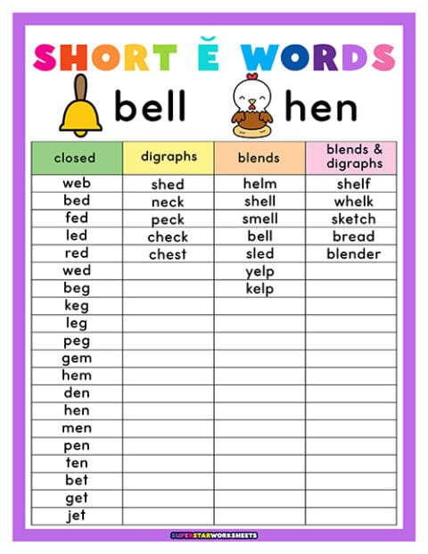 Short E Words - Superstar Worksheets