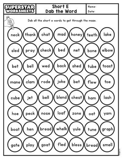 Short E Words - Superstar Worksheets