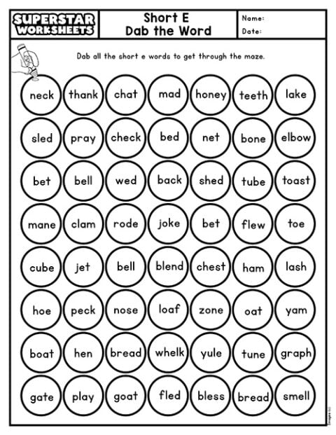 Short E Words - Superstar Worksheets