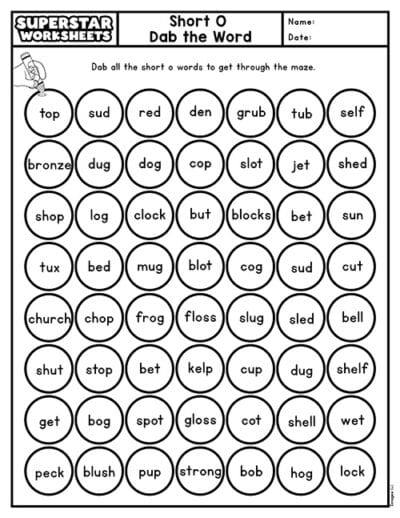 Short O Words - Superstar Worksheets