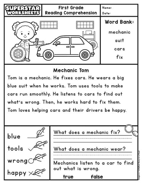 First Grade Reading Comprehension - Superstar Worksheets