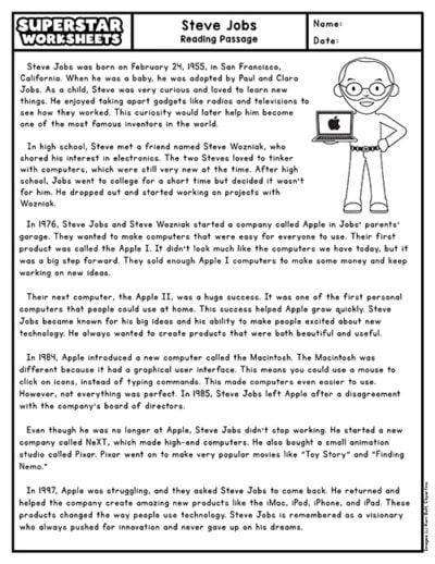Fifth Grade Reading Comprehension - Superstar Worksheets