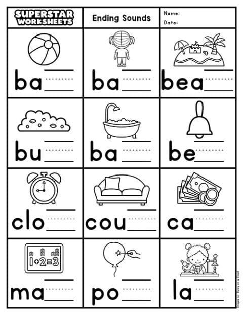 Ending Sounds Worksheets - Superstar Worksheets