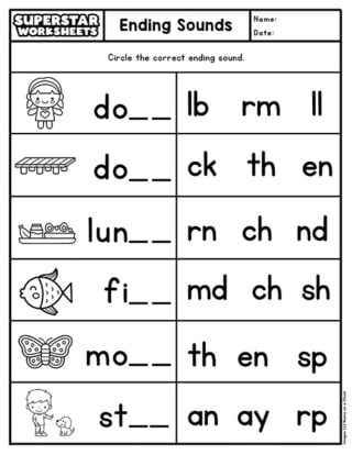 Ending Sounds Worksheets - Superstar Worksheets