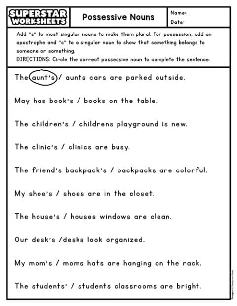 Possessive Noun Worksheets - Superstar Worksheets