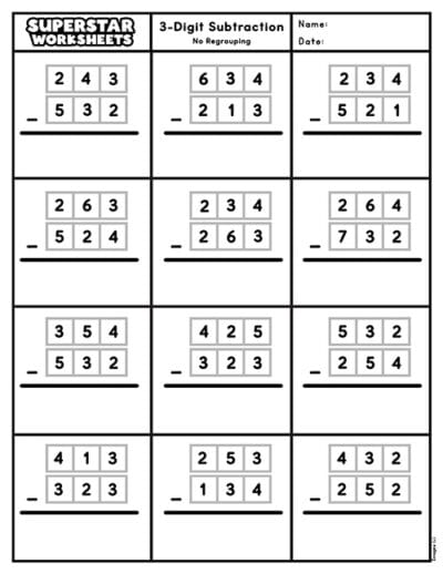 3 Digit Subtraction Worksheets - Superstar Worksheets