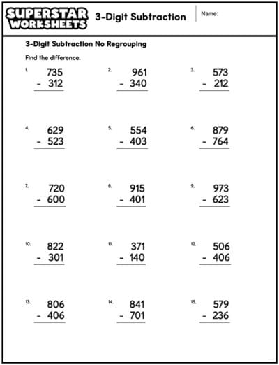 3 Digit Subtraction Worksheets - Superstar Worksheets