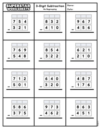 3 Digit Subtraction Worksheets - Superstar Worksheets