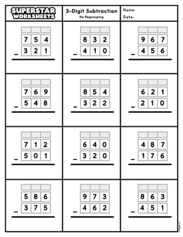 3 Digit Subtraction Worksheets - Superstar Worksheets