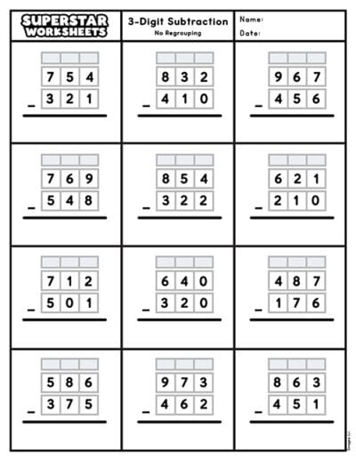 3 Digit Subtraction Worksheets - Superstar Worksheets