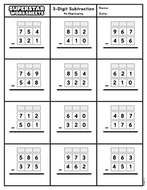 3 Digit Subtraction Worksheets - Superstar Worksheets