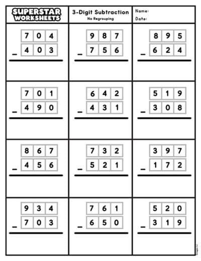 3 Digit Subtraction Worksheets - Superstar Worksheets