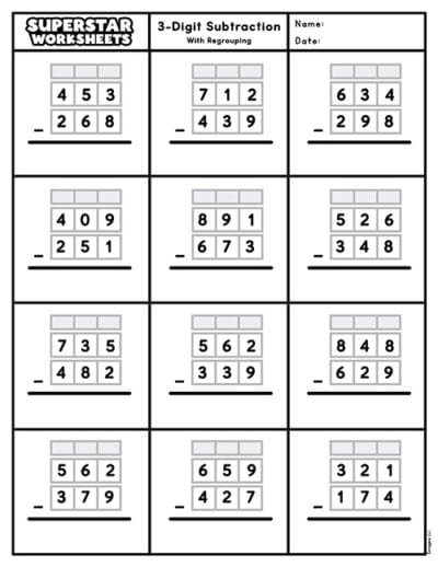 3 Digit Subtraction Worksheets - Superstar Worksheets