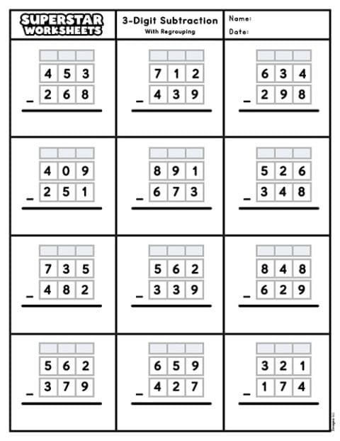 3 Digit Subtraction Worksheets - Superstar Worksheets