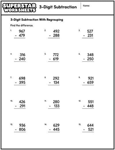 3 Digit Subtraction Worksheets - Superstar Worksheets