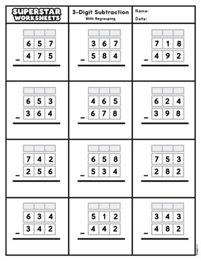 3 Digit Subtraction Worksheets - Superstar Worksheets