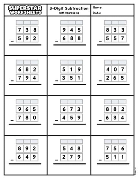 3 Digit Subtraction Worksheets - Superstar Worksheets