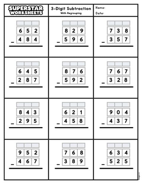 3 Digit Subtraction Worksheets - Superstar Worksheets