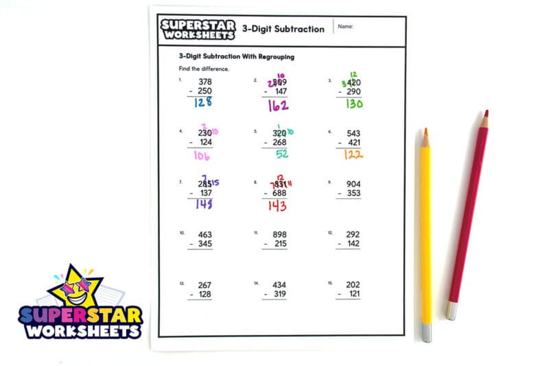 3 Digit Subtraction Worksheets - Superstar Worksheets