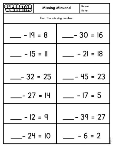 Missing Number Subtraction Worksheets - Superstar Worksheets