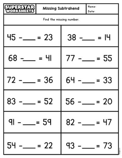 Missing Number Subtraction Worksheets - Superstar Worksheets