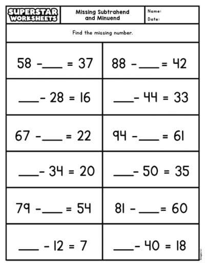 Missing Number Subtraction Worksheets - Superstar Worksheets