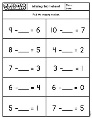 Missing Number Subtraction Worksheets - Superstar Worksheets