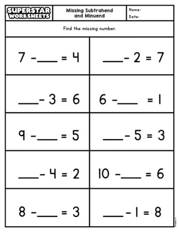 Missing Number Subtraction Worksheets - Superstar Worksheets