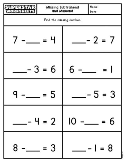 Missing Number Subtraction Worksheets - Superstar Worksheets