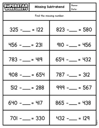 Missing Number Subtraction Worksheets - Superstar Worksheets