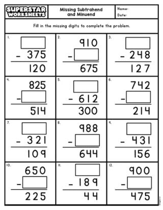 Missing Number Subtraction Worksheets - Superstar Worksheets
