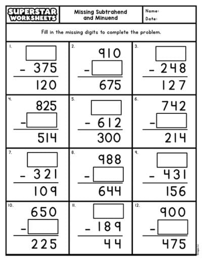 Missing Number Subtraction Worksheets - Superstar Worksheets