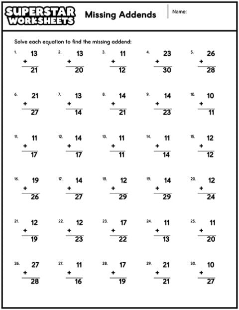 Missing Addend Worksheets - Superstar Worksheets