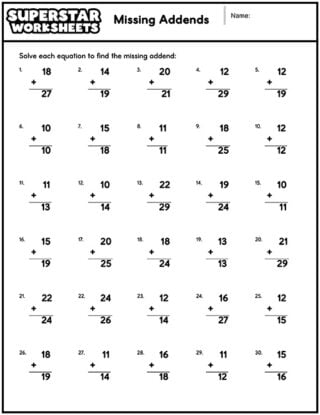 Missing Addend Worksheets - Superstar Worksheets