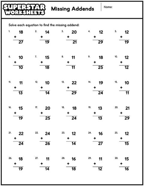 Missing Addend Worksheets - Superstar Worksheets