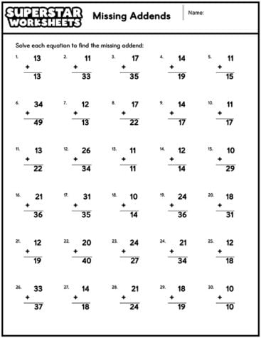 Missing Addend Worksheets - Superstar Worksheets